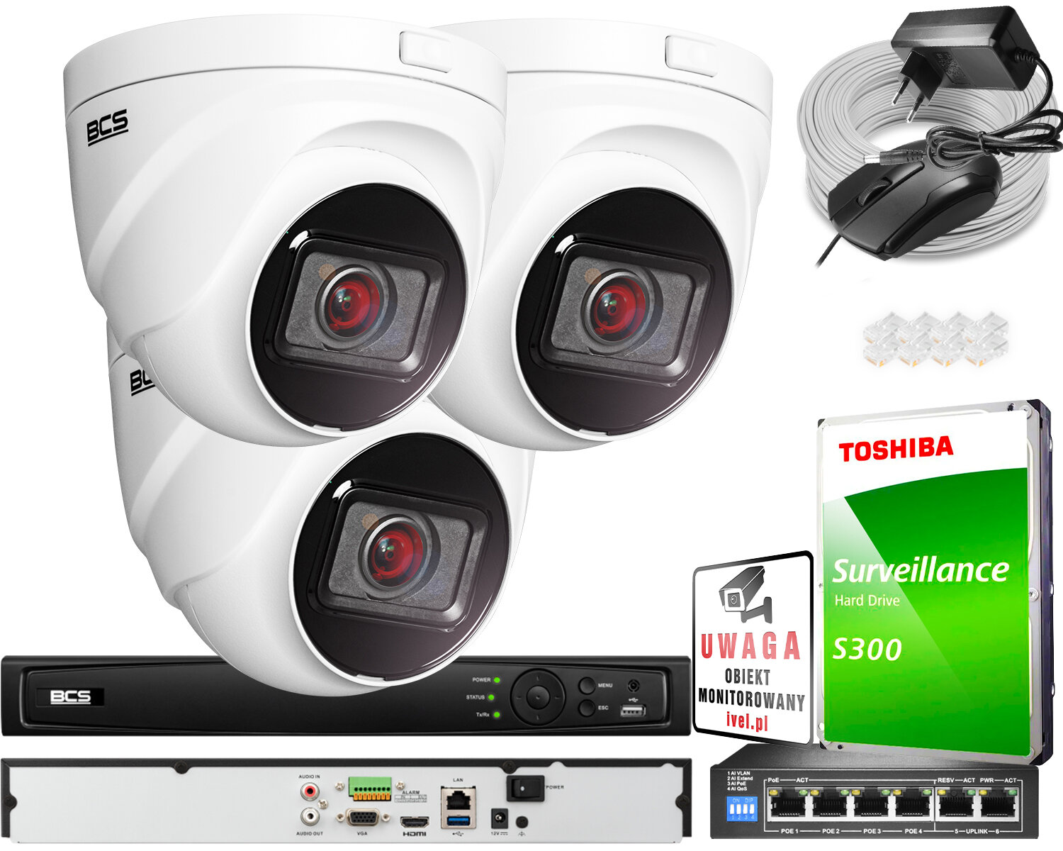 BCS View Zestaw monitoringu 5 Mpx IR 30m, Detekcja ruchu 3x BCS-V ...