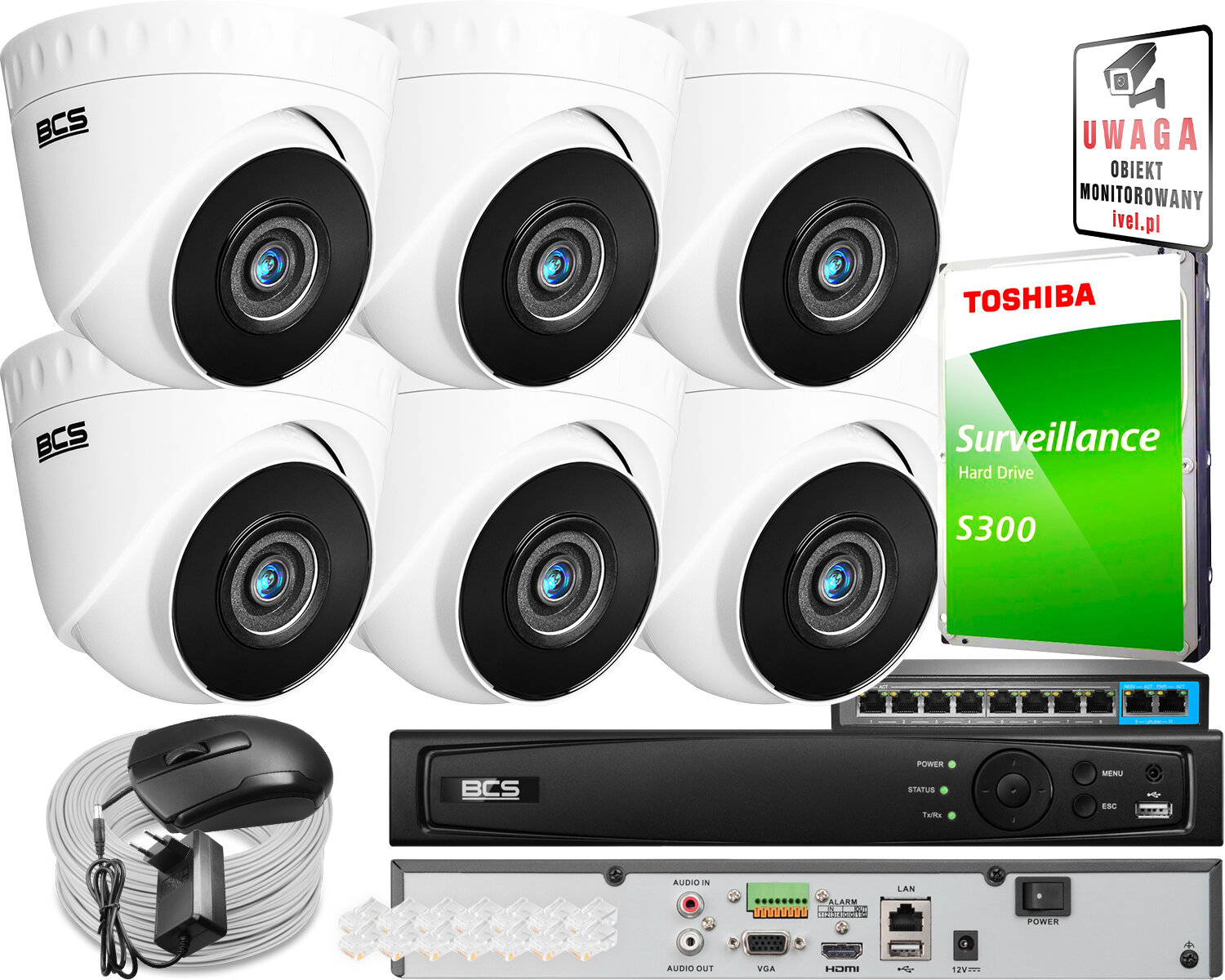 BCS View Zestaw monitoringu 6x kamera BCS-V-EIP15FWR3 5Mpx IR 30m ...