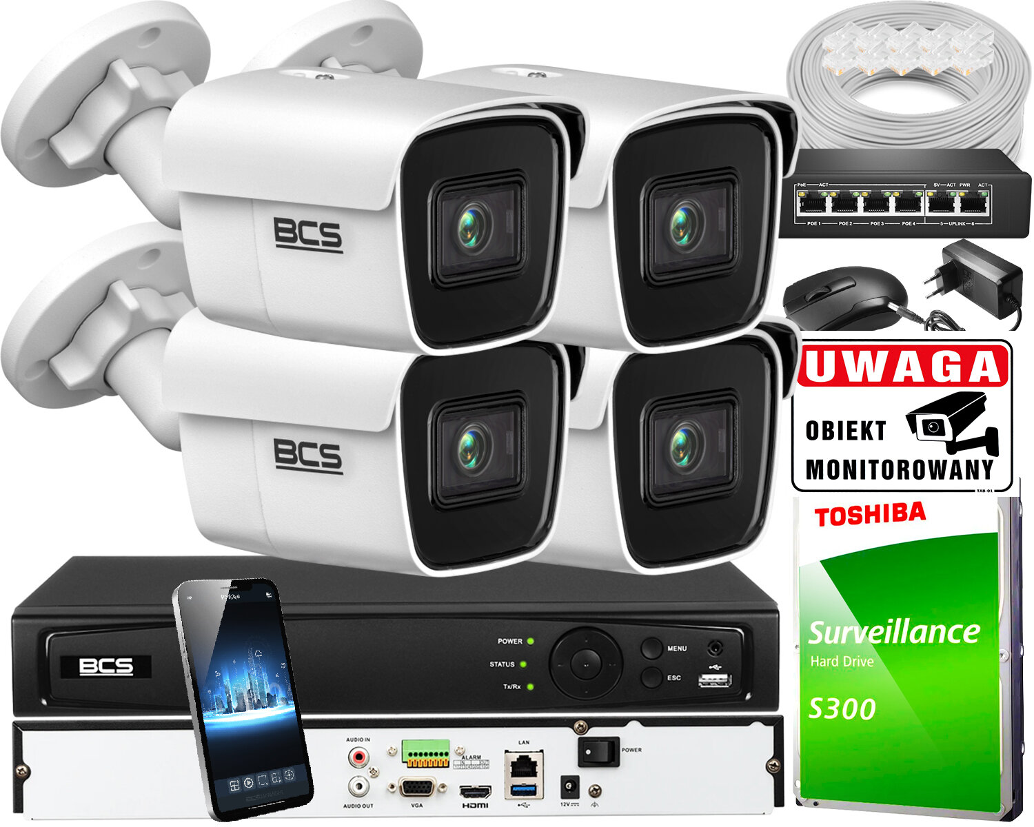 Monitoring IP BCS View 2K 4Mpx 1TB H265 4x BCS-V-TIP24FSR4-Ai1 2.8MM IR ...