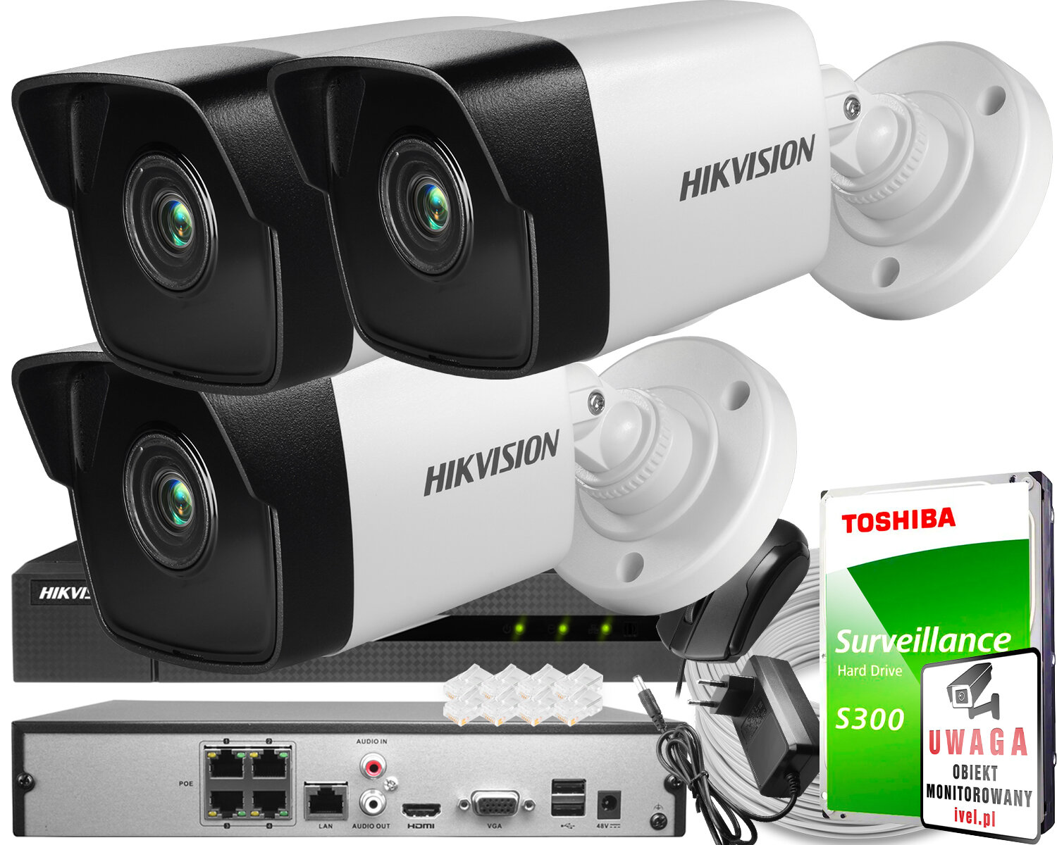 Zestaw do monitoringu IP 3x DS-2CD1041G0-I/PL 4Mpx IR 30m Hikvision ...