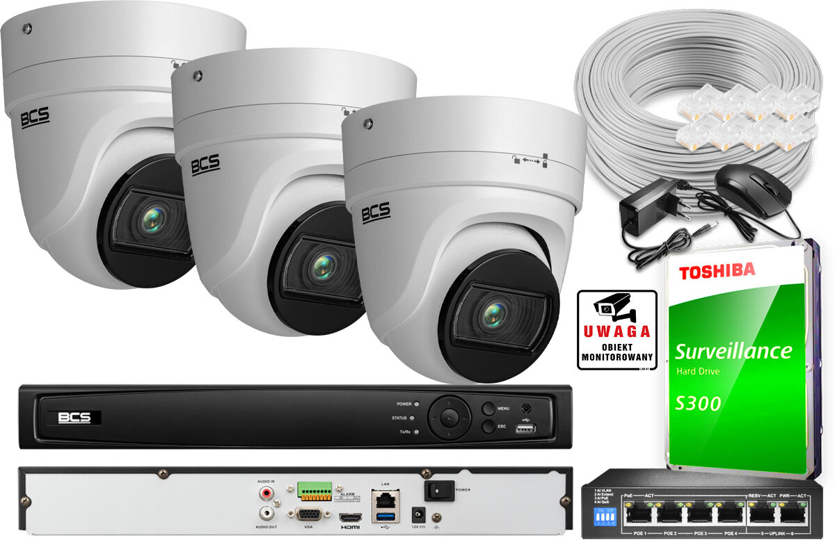 Zestaw monitoringu BCS View Rejestrator IP 3x Kamera 2MP BCS-V-EI236IR3 ...
